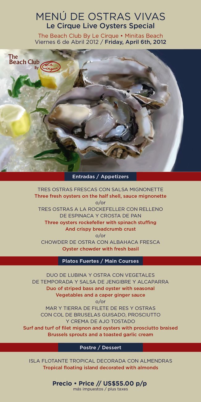 Menú Especial de Ostras Vivas en el Beach Club by Le Cirque, Viernes 6 ...