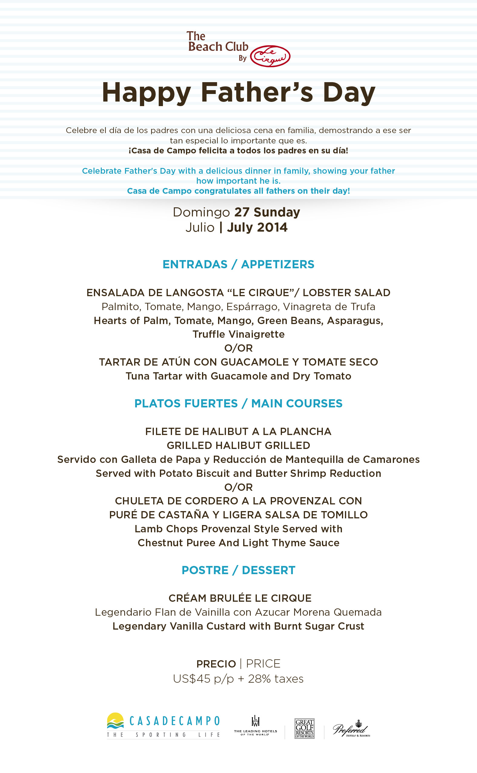 Menús especiales del Día de los Padres en Casa de Campo