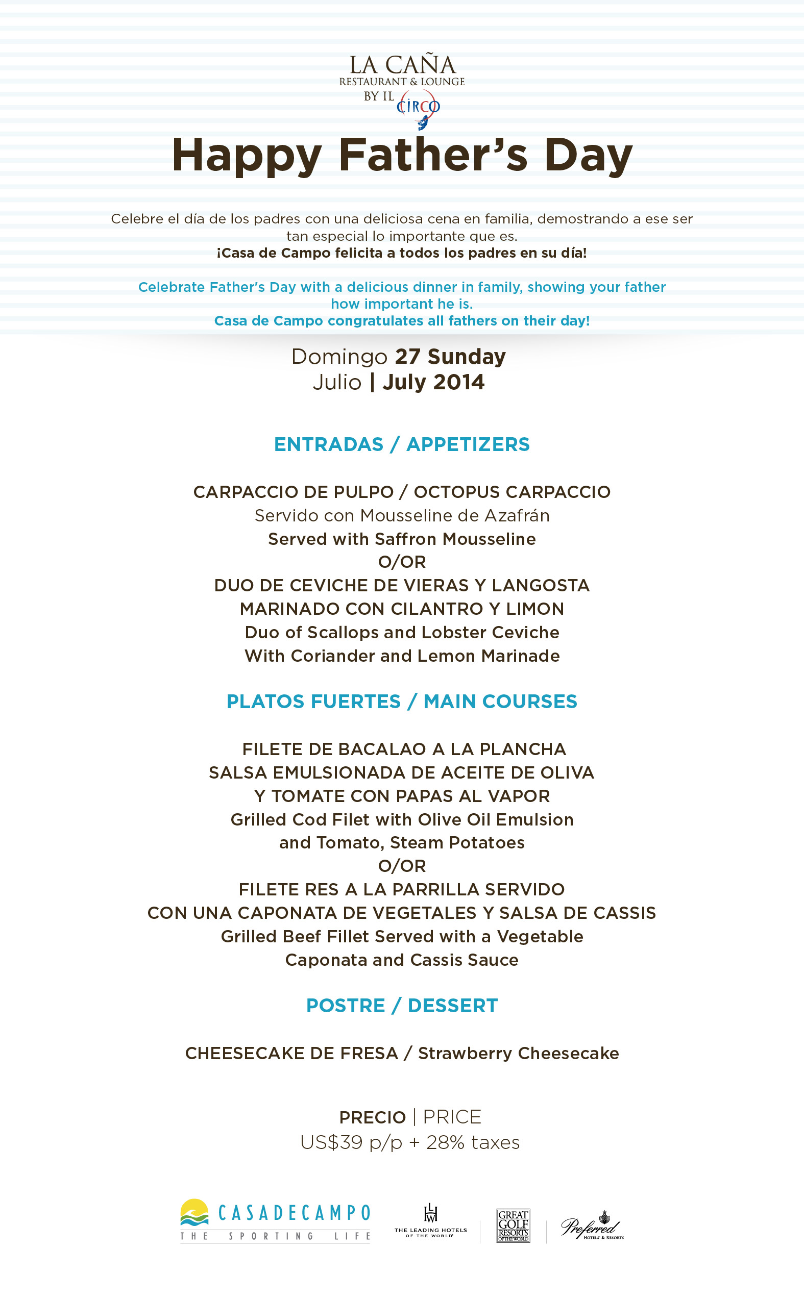 Menús especiales del Día de los Padres en Casa de Campo